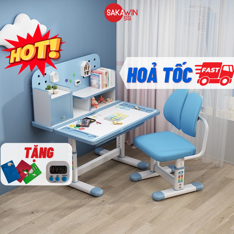 Bộ bàn học cho bé Sakawin A16, Bàn học chống gù có giá sách, Nâng hạ ...