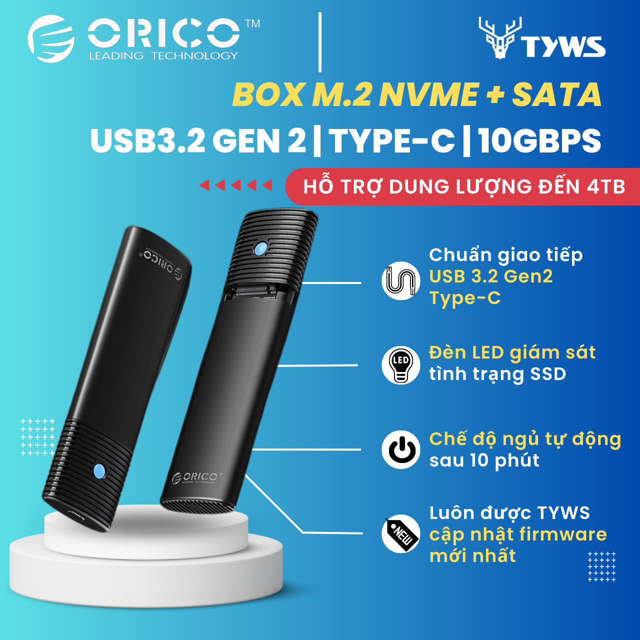 HỖ TRỢ SSD 4TB Box di động SSD M.2 PCIe NVMe to USB 3.2 Gen2 Type-C Orico PWM2 - MixASale