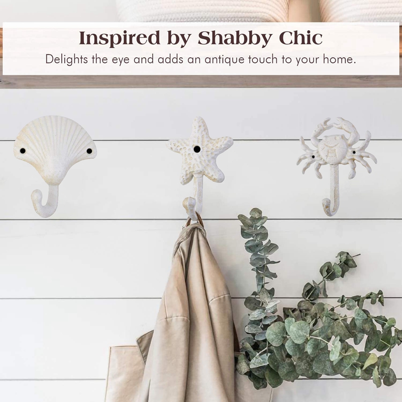 Set Of 3 Starfish Seashell Crab Cast Iron Decorative Wall Hooks Coats ...
