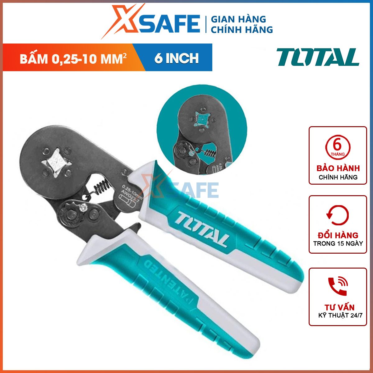 Kềm bấm cos 6'' TOTAL THCPG2510, kìm bấm cos đầu dây cách điện AWG23-7 ...