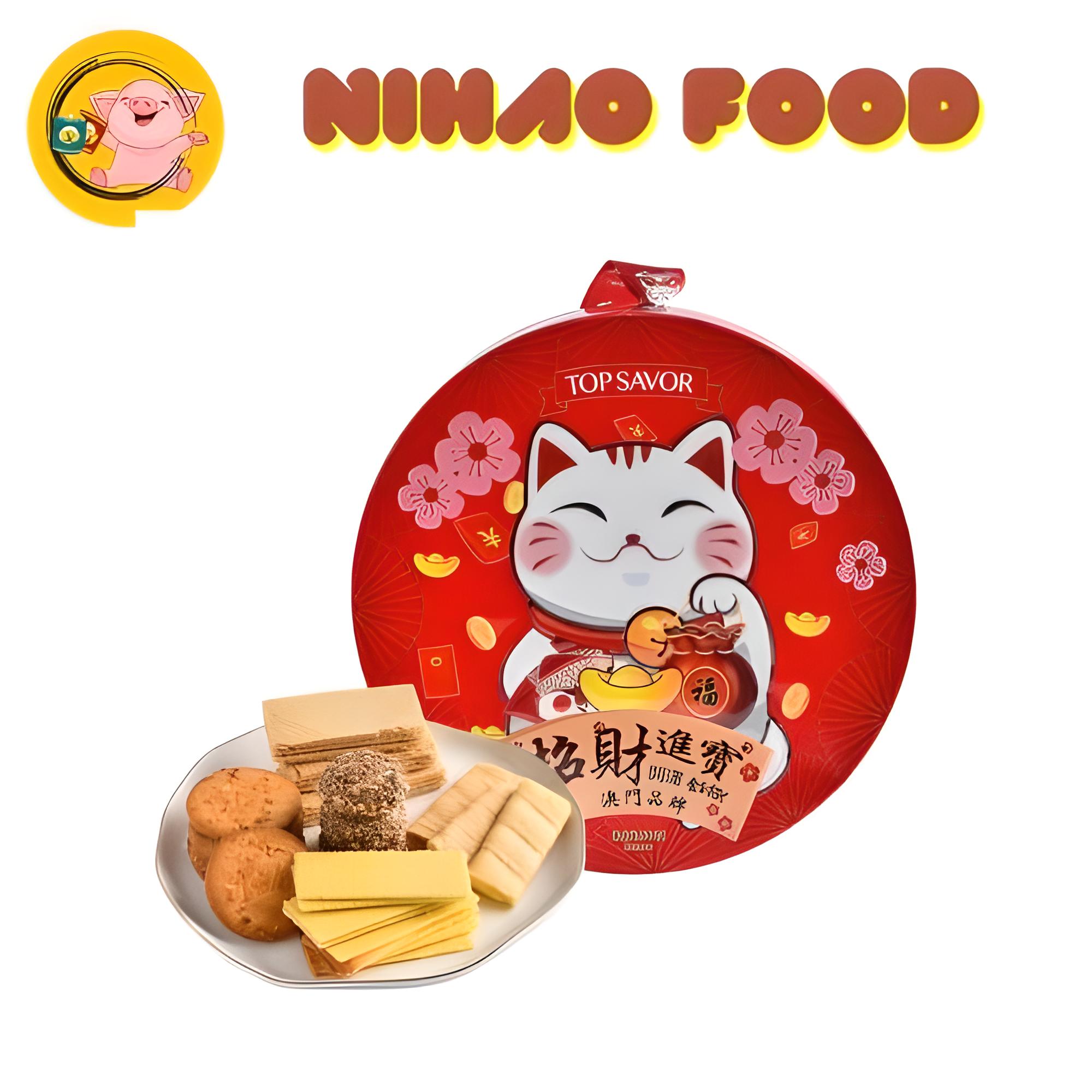 Bánh quy mèo thần tài top savor hộp thiếc - làm tháp bánh tết