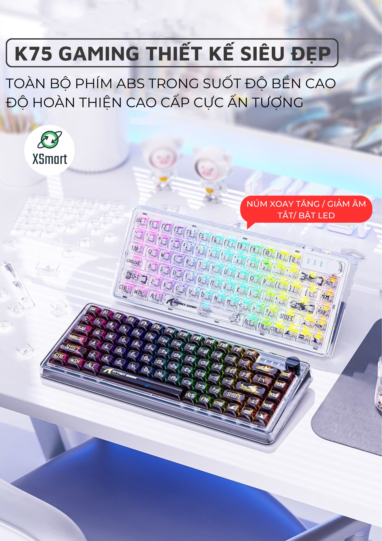 Bàn Phím Cơ Trong Suốt K75 PRO Esport Nâng Cấp LED RGB Trục Cơ White Switch Có HOTSWAP Cho Máy ...