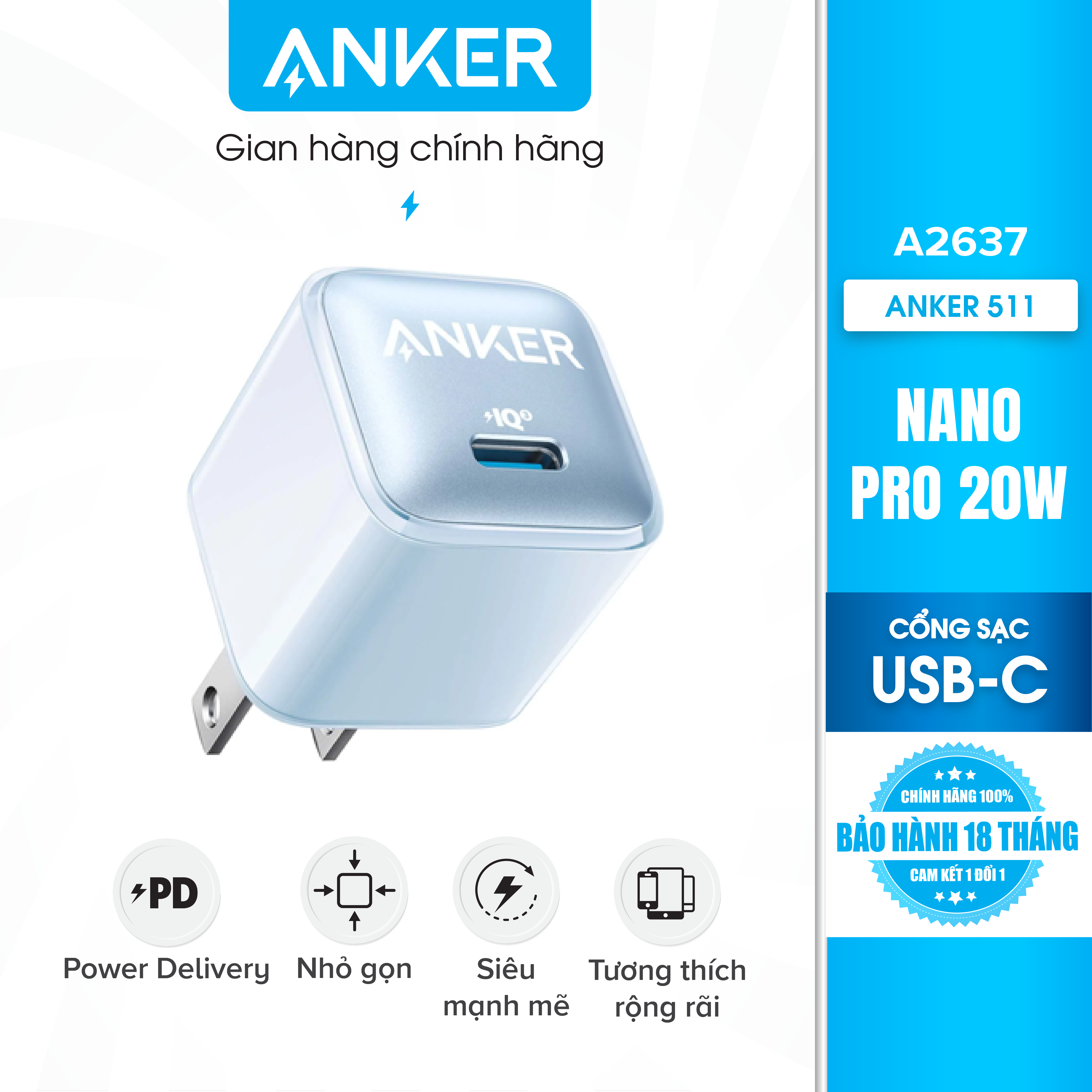 Sạc ANKER 511 Nano Pro 20W A2637 1 cổng USB-C PiQ 3.0 tương thích PD ...