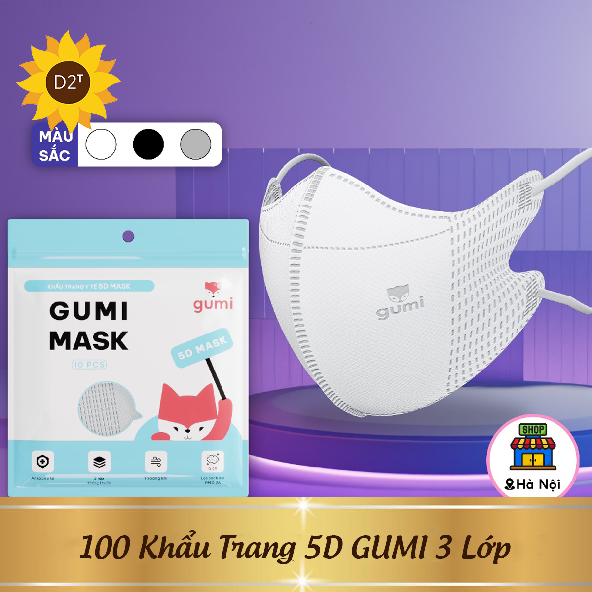 100 CHIẾC Khẩu trang y tế 5D Gumi mask 3 lớp kháng khuẩn lọc bụi PM 2.5 ...
