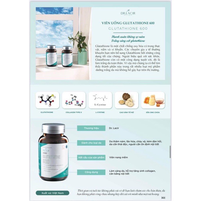 Glutathione 600mg Dr Lacir DRLACIR viên uống trắng da Glutathion 600mg ...