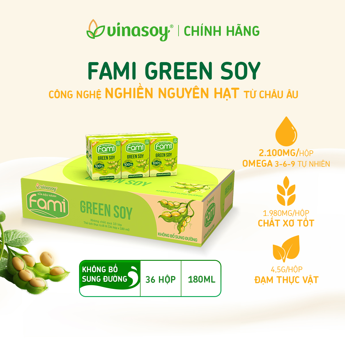 Thùng sữa đậu nành Fami Green Soy không bổ sung đường (36 hộp x 180ml ...