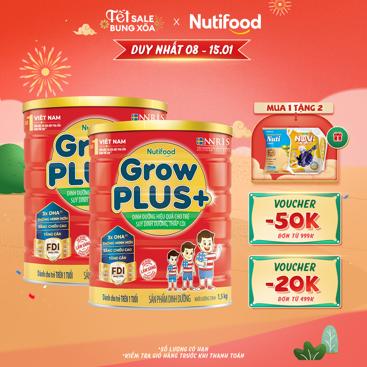 Combo 2 Sữa Bột Growplus Suy Dinh Dưỡng Trên 1 Tuổi 2 Lon X 15kg Grow Plus Mixasale