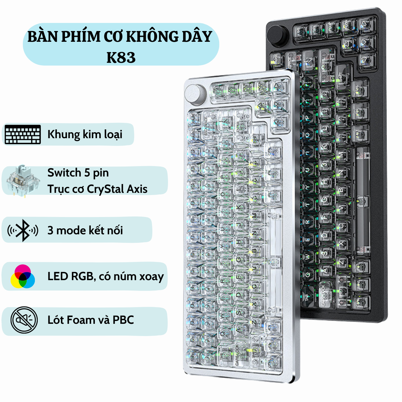 Bàn phím cơ không dây ATAS K83 - Trục cơ CRYSTAL AXIS - Phím trong suốt - Khung nhôm - Hotswap ...