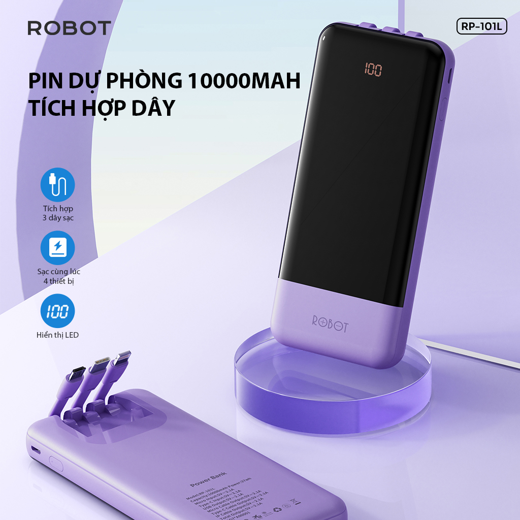 [Mẫu Mới] Pin Dự Phòng ROBOT RP-101L (Tím) - Dung Lượng 10000mAh - Tích ...